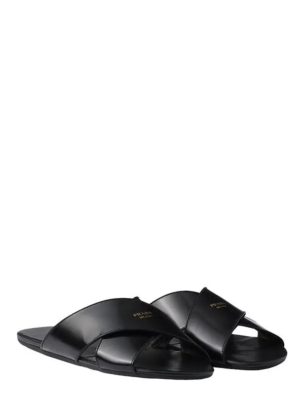 Prada Brushed Leather Slides - Black