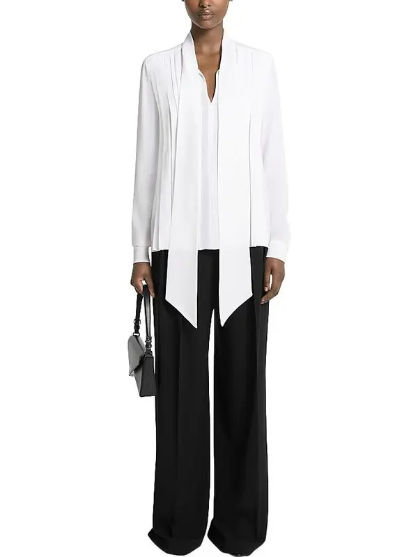 Michael Kors Silk Tie Neck Pleated Blouse - Optic White