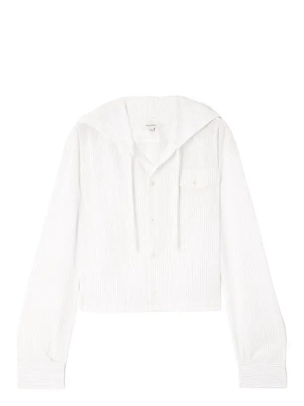 JW Anderson Cropped Hooded Pinstriped Poplin Shirt - Neutrals