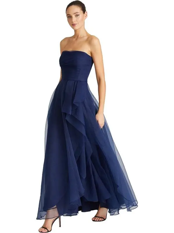 Theia Teresa Strapless Draped Gown - Navy