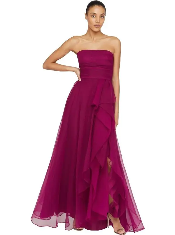 Theia Teresa Strapless Draped Gown - Sangria