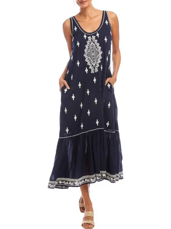 Karen Kane Embroidered Sleeveless Midi Dress - Navy W/ Cream