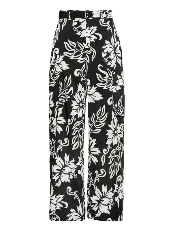 Sacai Floral-print Palazzo Trousers With Detachable Belt - Black