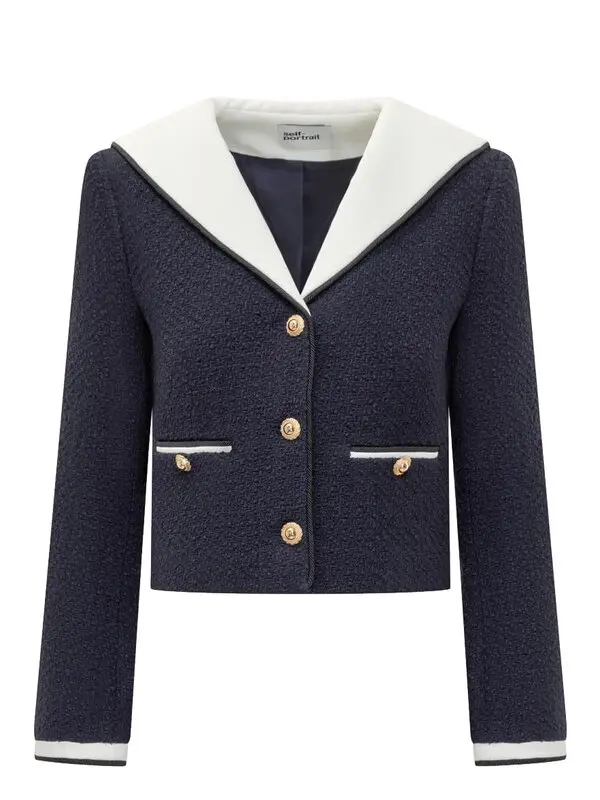 SELF-PORTRAIT Bouclé Jacket With Contrasting Collar - Blue