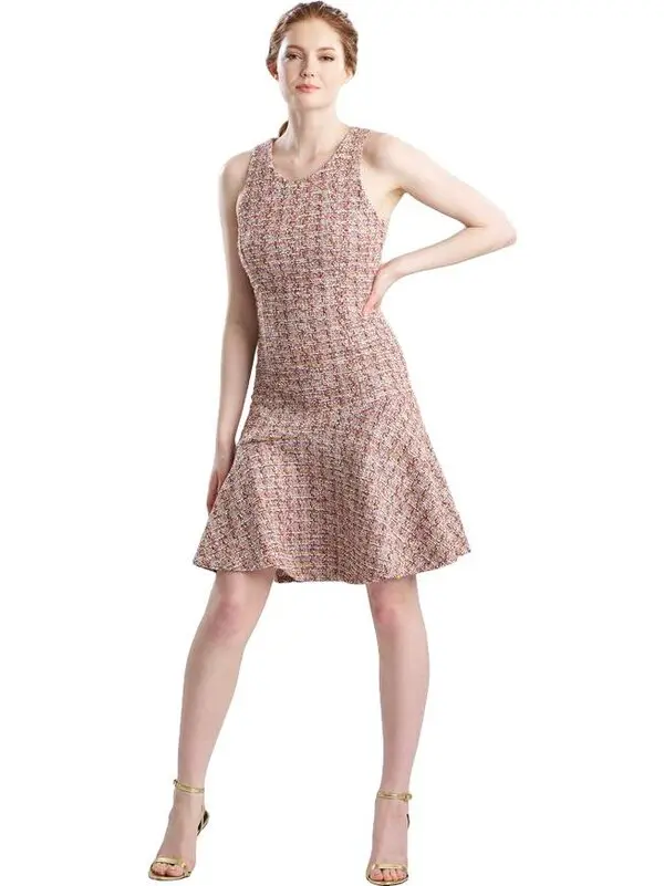 Natori Tweed Sleeveless Flounce Dress - Stripe