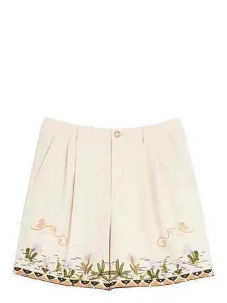 Valentino Garavani Cotton Canvas Bermuda Shorts With Floral Embroidery And Jacquard Trimmings - Neutral