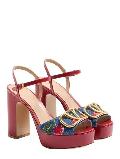 Valentino Garavani Vlogo Signature Platform Sandal With Embroidery - Denim