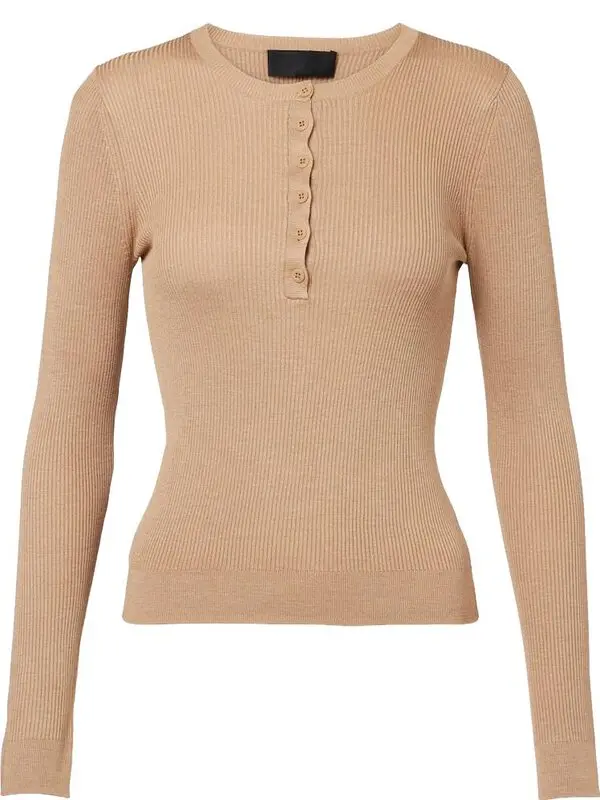 NILI LOTAN Kyrie Ribbed-knit Silk Henley Shirt - Beige