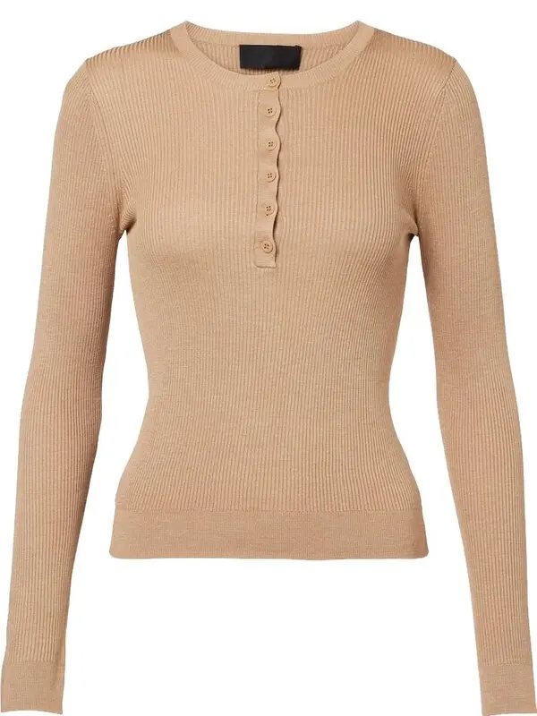 NILI LOTAN Kyrie Ribbed-knit Silk Henley Shirt - Beige