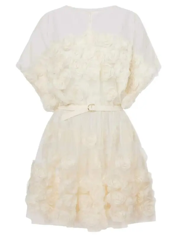 Norma Kamali Floral-appliqué Belted Tulle Minidress - White