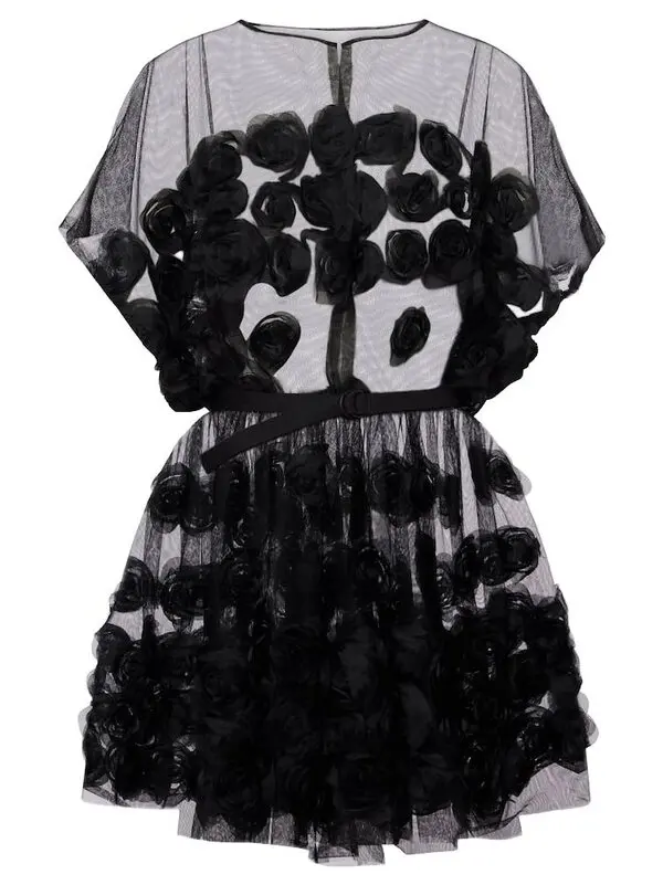 Norma Kamali Floral-appliqué Belted Tulle Minidress - Black