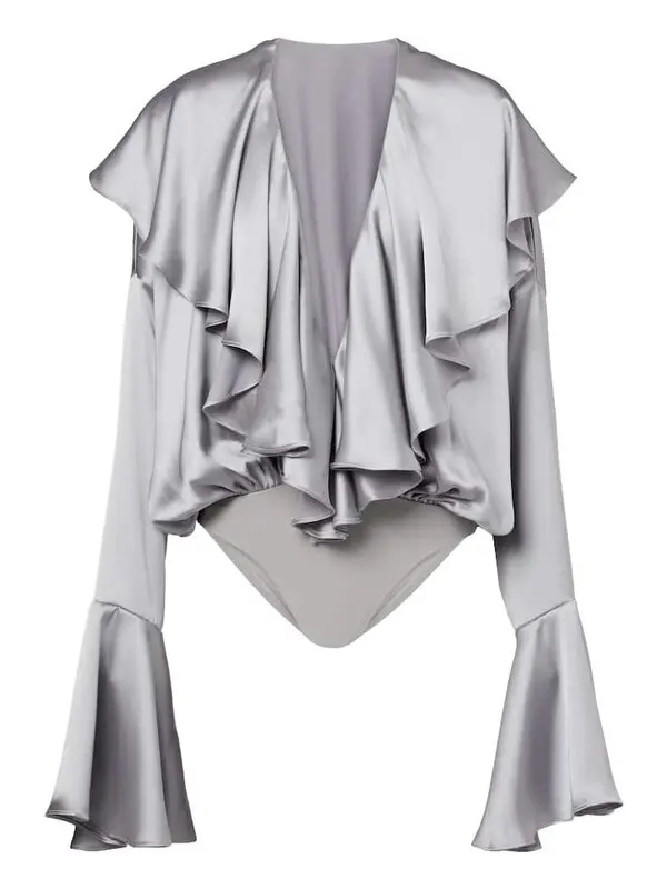 Norma Kamali Ruffled Satin Bodysuit - Silver