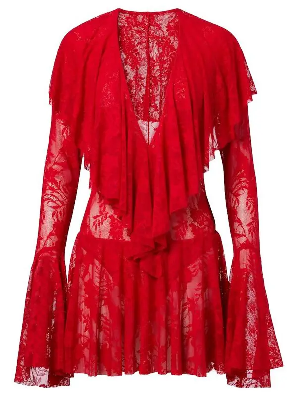 Norma Kamali Ruffled Semi-sheer Lace Minidress - Red