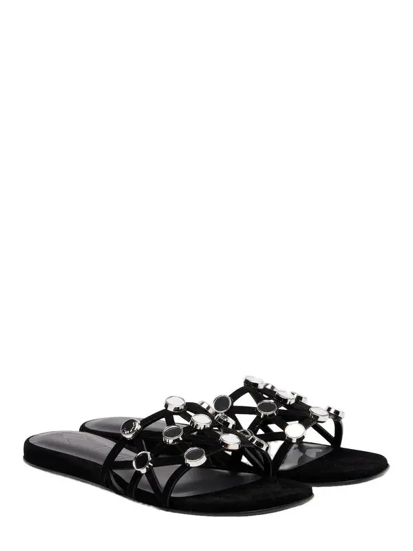 Attico Grid Embellished Suede Flat Sandals - Black