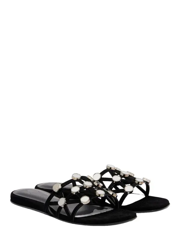 Attico Grid Embellished Suede Flat Sandals - Black