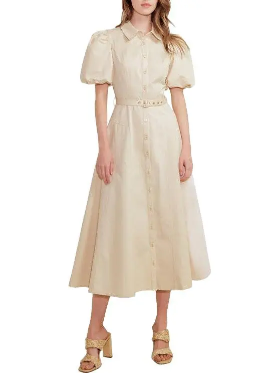 FREEMARKET Puff Sleeve Belted Cotton Shirtdress - Almond