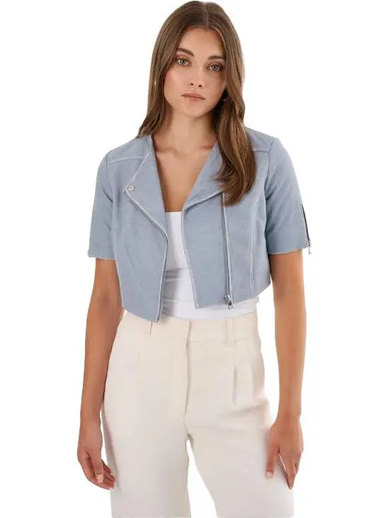 LAMARQUE Kirsi Cropped Biker Jacket - Light Blue Denim