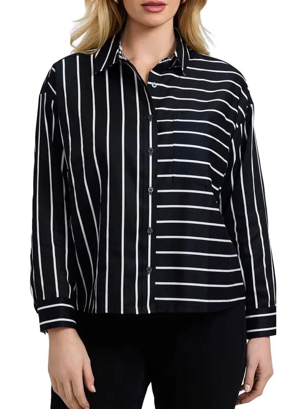 Foxcroft Marina Stripe Cotton Button-up Shirt - Black/white