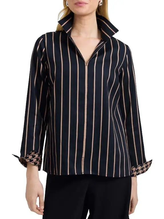Foxcroft Agnes Stripe Cotton Popover Top - Black/ Almond