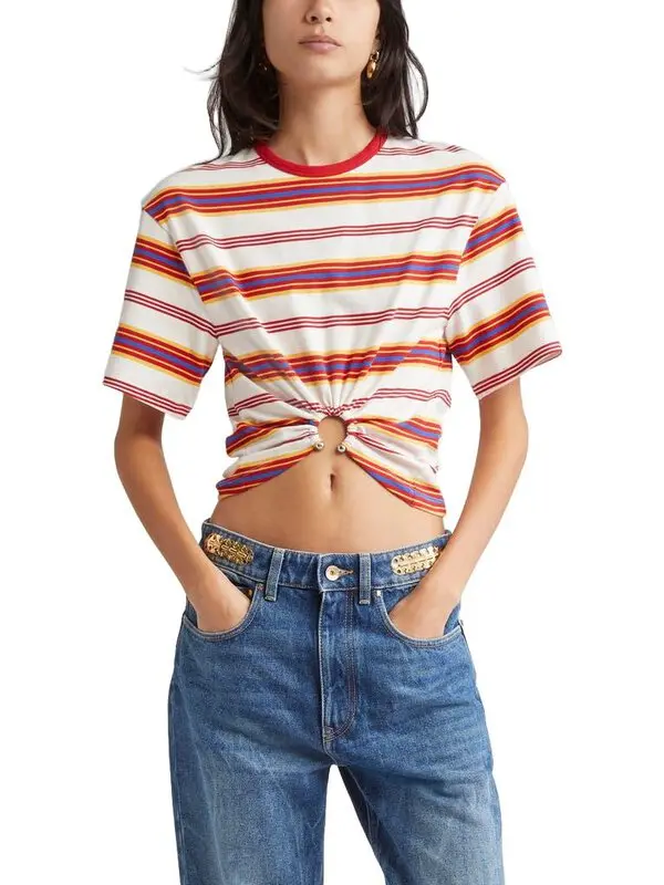 Rabanne Stripe Piercing Ring Crop T-shirt - Stripes Cream / Orange /