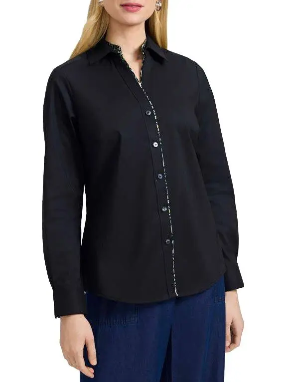 Foxcroft Cotton-blend Button-up Shirt With Leopard Trim - Black