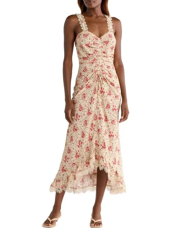 Cinq À Sept Stevie Ruched Lace Trim Cocktail Dress - Cherry Rose Multi