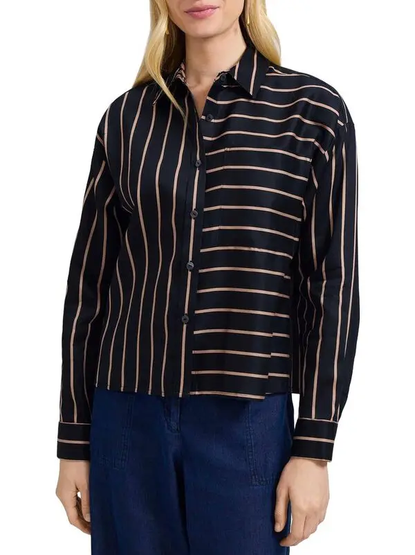 Foxcroft Striped Cotton Button-up Shirt - Black/ Almond