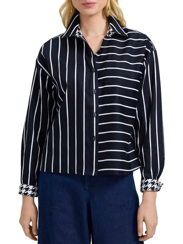 Foxcroft Striped Cotton Button-up Shirt - Black/ White