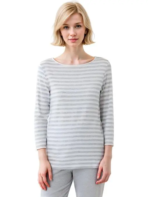 Majestic Filatures Striped 3/4 Sleeve Boatneck T-shirt - Gris Chine Clair