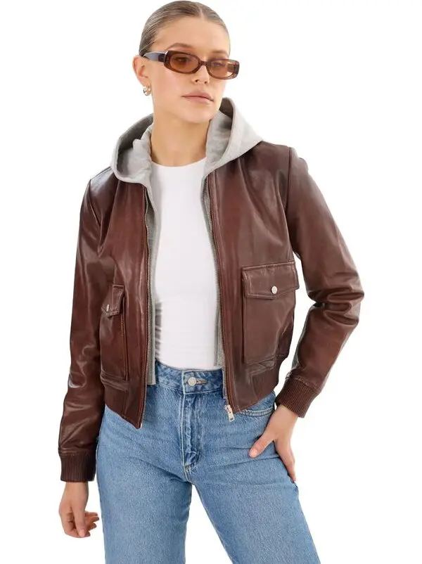 LAMARQUE Candace Leather Bomber Jacket - Chocolate Brown/heather Grey