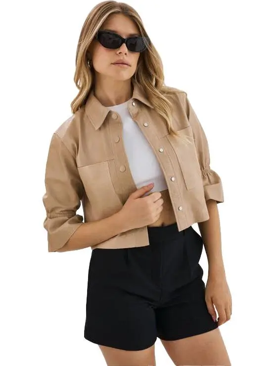 LAMARQUE Carolina Leather Ruffle Sleeve Jacket - Beige