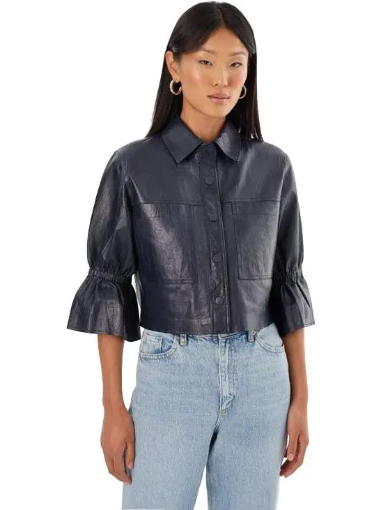 LAMARQUE Carolina Leather Ruffle Sleeve Jacket - Navy