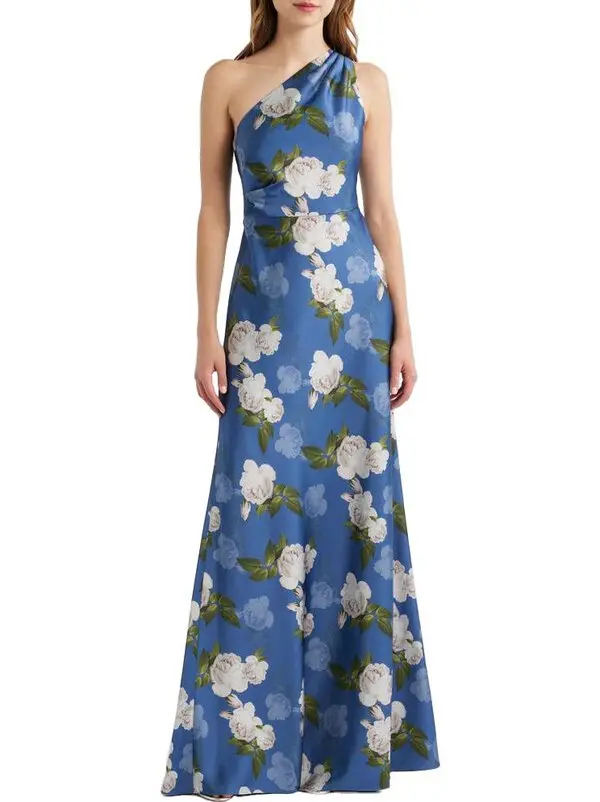 Sachin & Babi Delphine Floral Print One-shoulder Gown - Washed Indigo Blooms