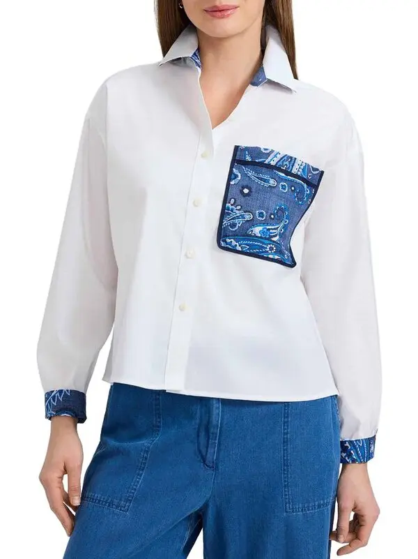 Foxcroft Contrast Trim Cotton Button-up Shirt - White/ Multi