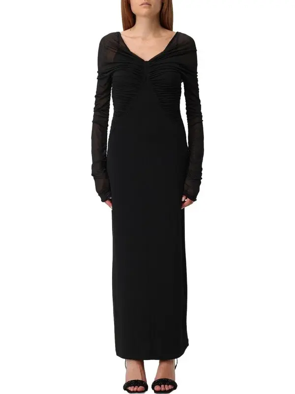 Max Mara Ruched Mesh Sleeve Maxi Dress - Black