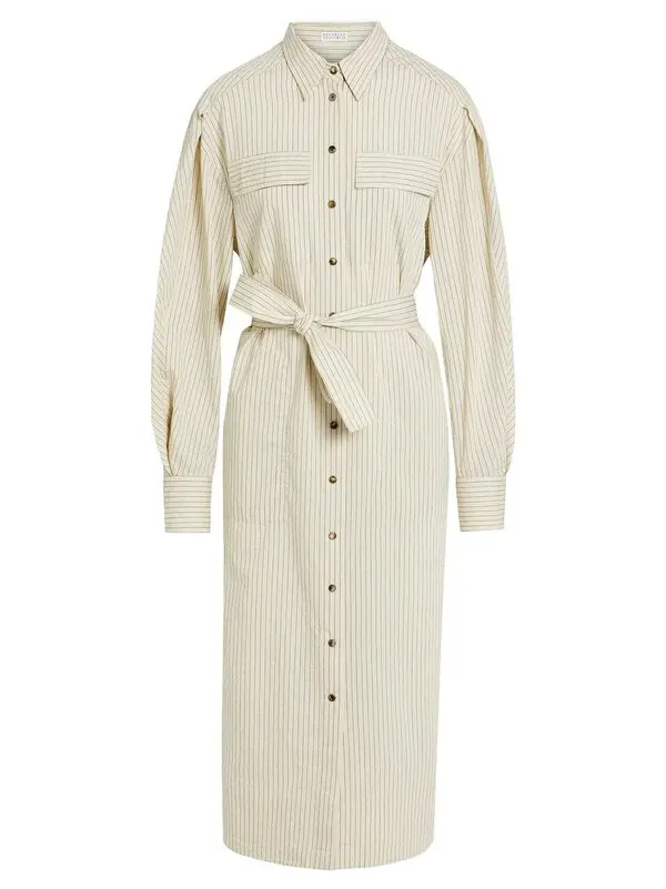 Brunello Cucinelli Bead-embellished Striped Seersucker Midi Shirt Dress - Beige