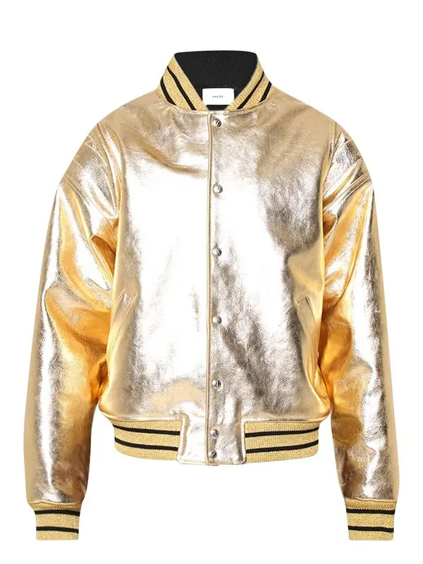 Rhude Metallic Leather Bomber Jacket - Gold