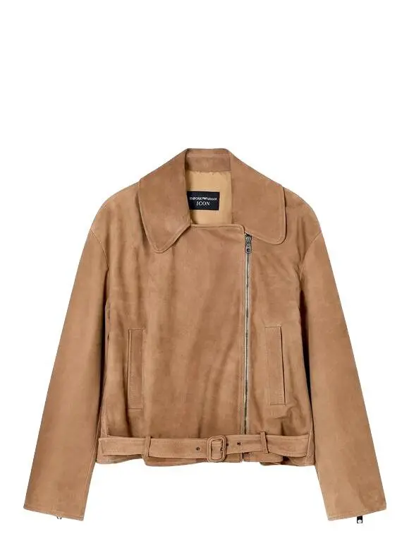 Emporio Armani Icon Nubuck Calf Leather Biker Jacket - Brown / Neutral