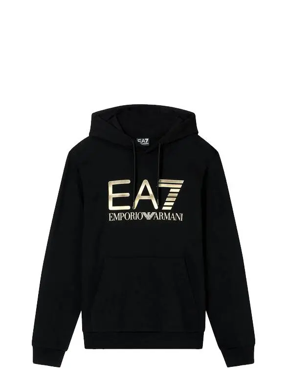 Emporio Armani Logo Series Stretch-cotton Hooded Sweatshirt With Oversized Logo - Black