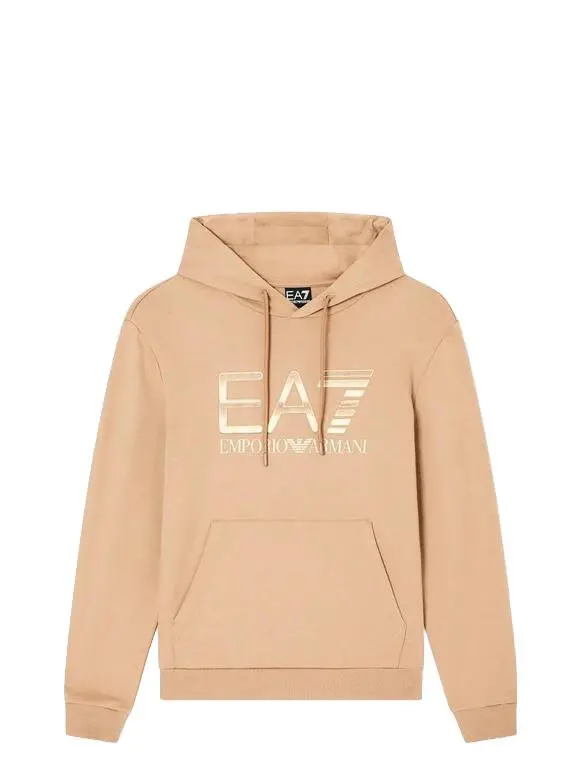 Emporio Armani Logo Series Stretch-cotton Hooded Sweatshirt With Oversized Logo - Natural