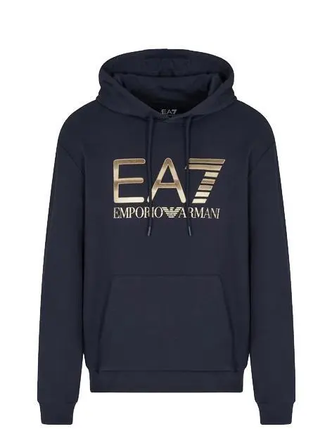 Emporio Armani Logo Series Stretch-cotton Hooded Sweatshirt With Oversized Logo - Navy