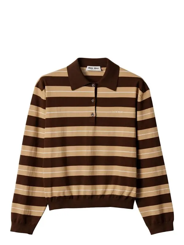 Miu Miu Striped Cotton Knit Long-sleeve Polo - Cacao/ Caramello