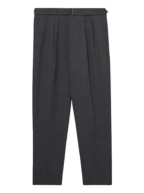 REISS Belted-waist Tapered-leg Stretch Wool-blend Trousers - Charcoal Grey