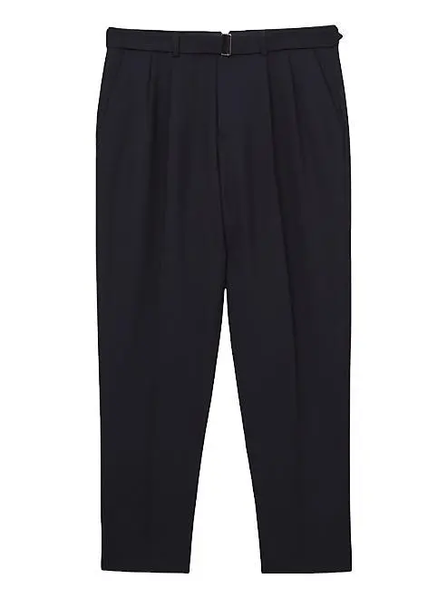 REISS Belted-waist Tapered-leg Stretch Wool-blend Trousers - Navy