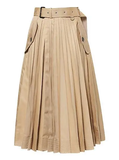 Sacai Belted Pleated Cotton-blend Midi Skirt - Beige
