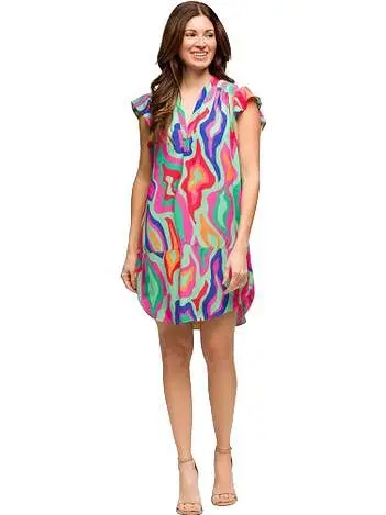 24SEVEN COMFORT APPAREL Printed V-neck Maternity Pocket Dress - Pink Multi