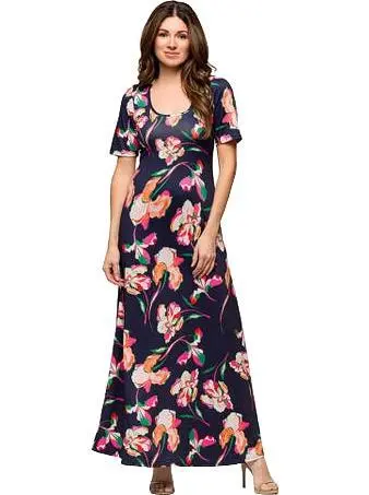 24SEVEN COMFORT APPAREL Floral Print Elbow Sleeve Maternity Maxi Dress - Blue Multi