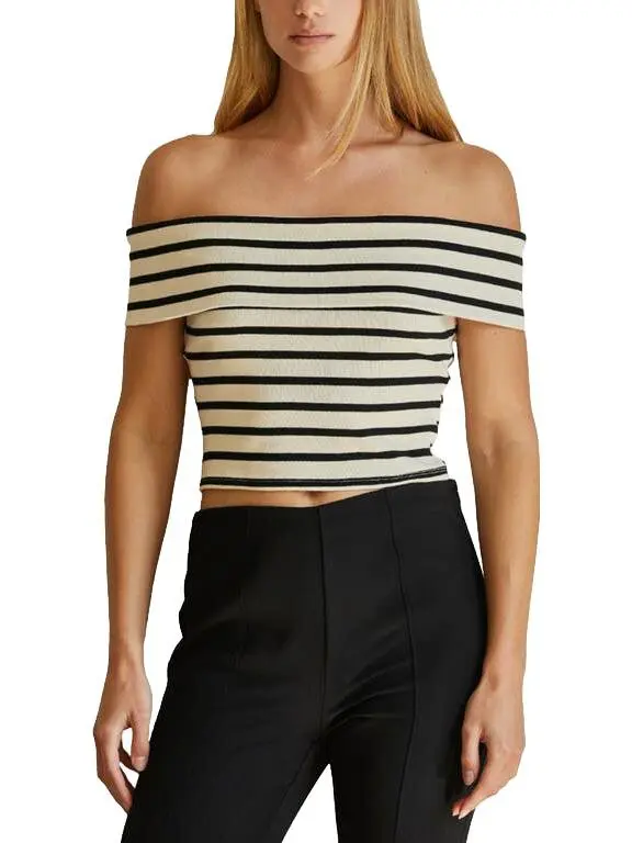 CRESCENT Stripe Off-shoulder Knit Top - Cream/black