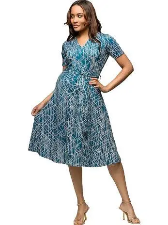 24SEVEN COMFORT APPAREL Maternity Print Midi Dress With Tie Waist - Blue Multi