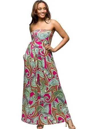 24SEVEN COMFORT APPAREL Maternity Paisley A-line Strapless Maxi Dress With Pockets - Pink Multi